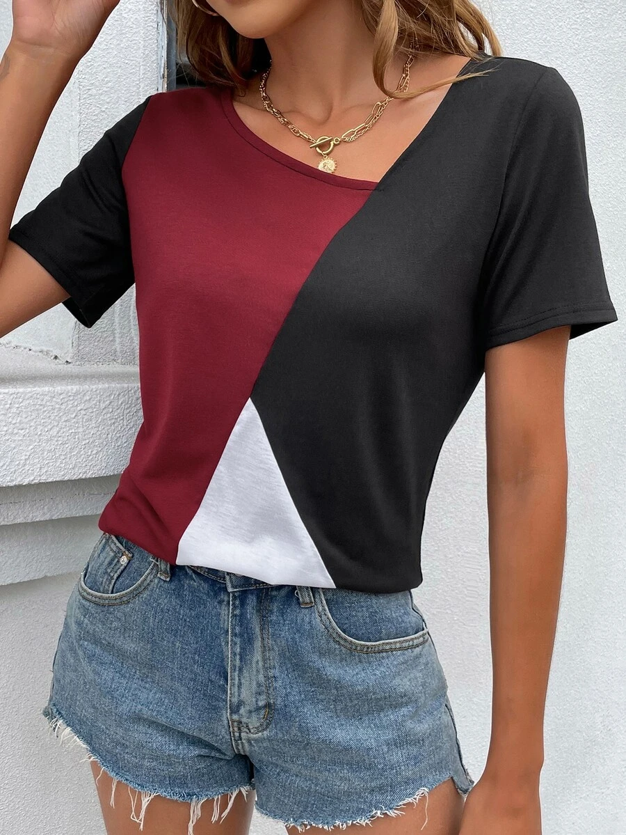 Color Block Asymmetrical Neck Tee | SHEIN USA
