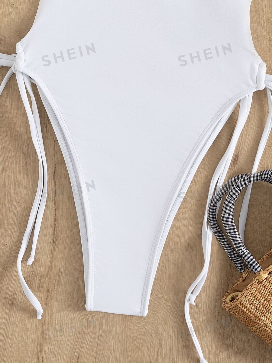 SHEIN Swim Basics Costume da bagno intero colore unico con cravatta laterale e taglio alto ...