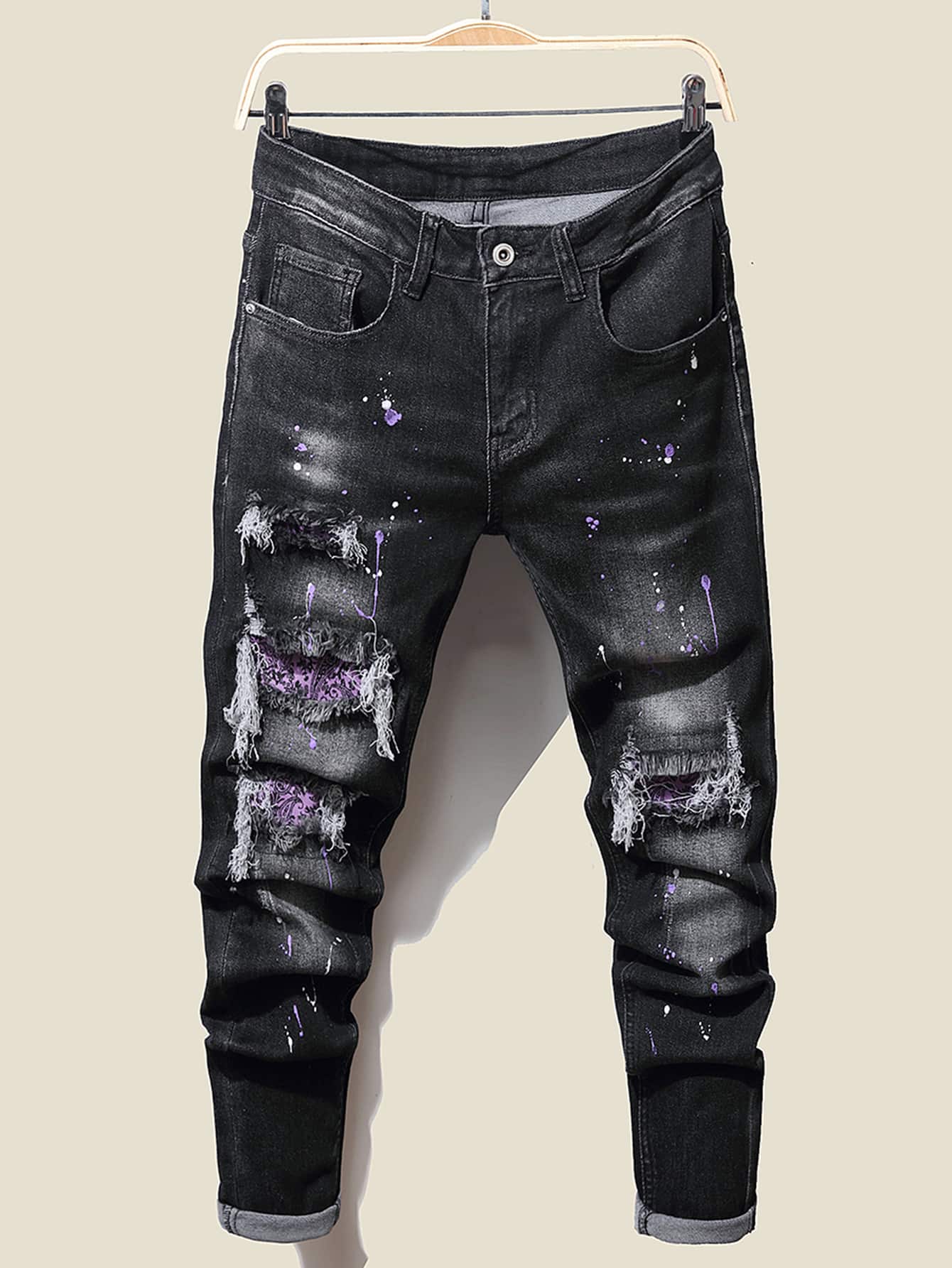 Men Splash Ink Ripped Slim Jeans