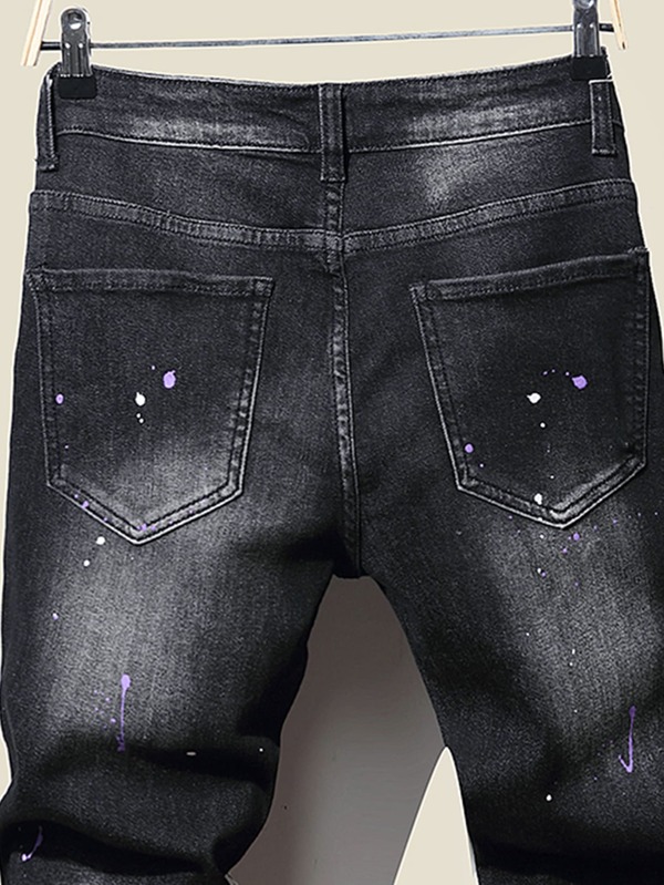 Manfinity EMRG Men Cotton Splash Ink Ripped Slim Jeans | SHEIN UK