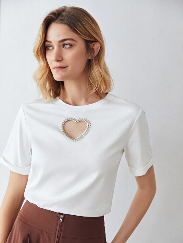 MOTF PREMIUM HEART HOLLOW OUT T-SHIRT | SHEIN USA