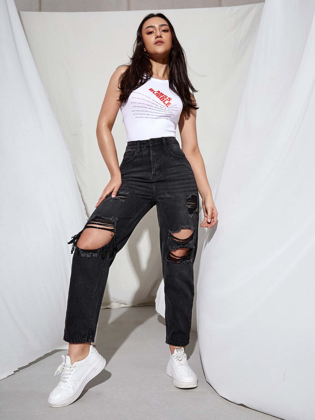 Shein Ezwear High Waist Ripped Cut Out Jeans Shein Usa