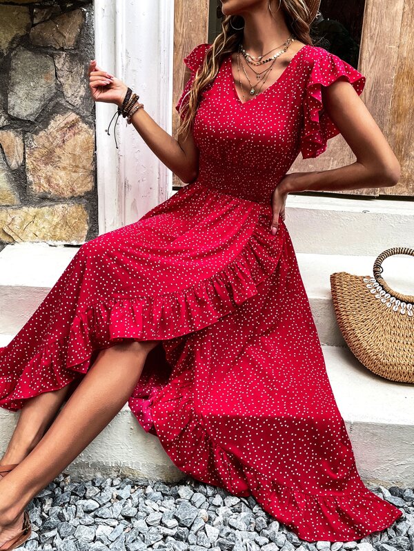 SHEIN VCAY Polka Dot Print Butterfly Sleeve Shirred Ruffle Trim Wrap ...