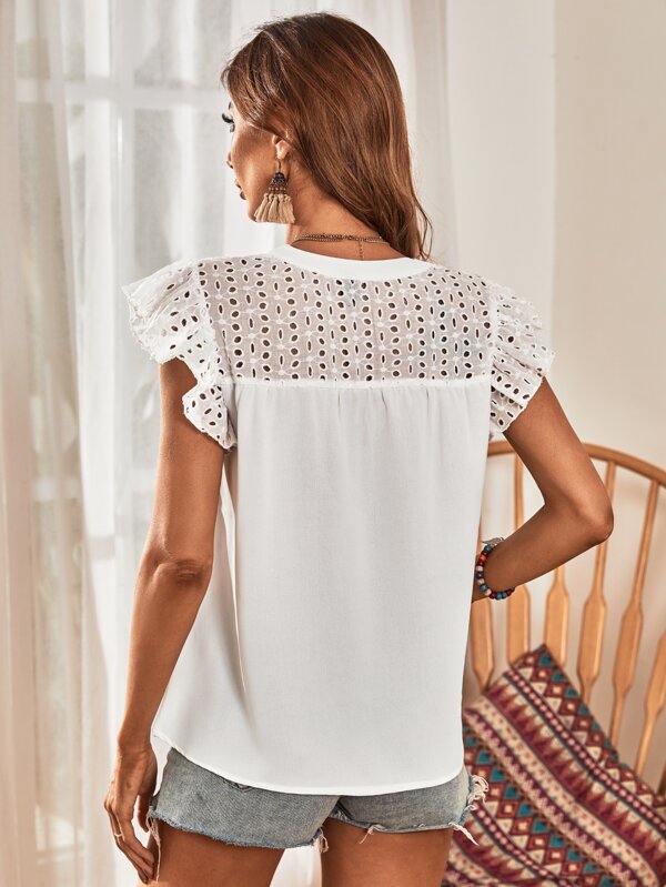 Shein Frenchy Flutter Sleeve Notched Neck Eyelet Embroidered Blouse