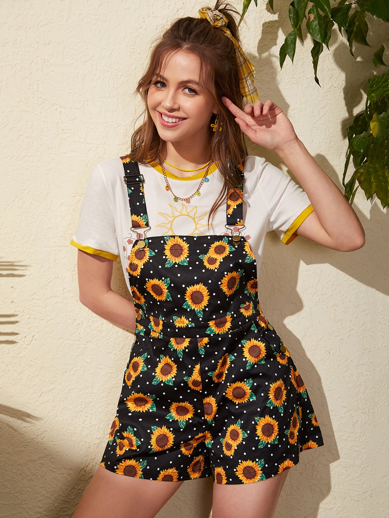 SHEIN Mameluco overol con estampado de girasol sin camiseta