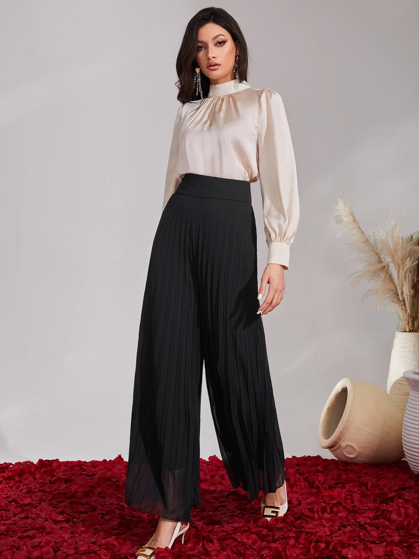 Shein Mulvari Hose Mit Weiten Beinen Hoher Taille Falten Aktuelle