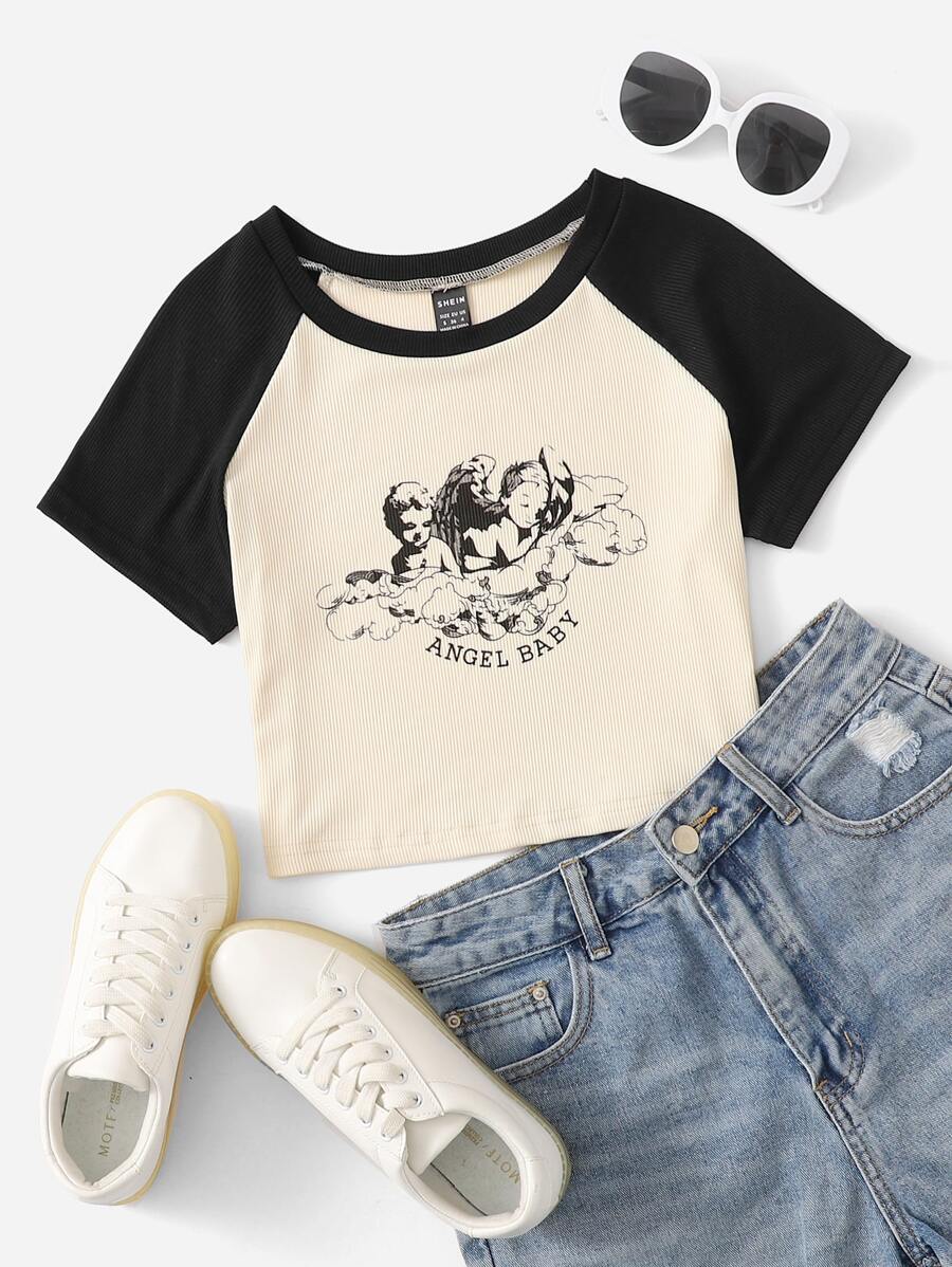 SHEIN EZwear Angel Print Raglan Sleeve Tee | SHEIN USA