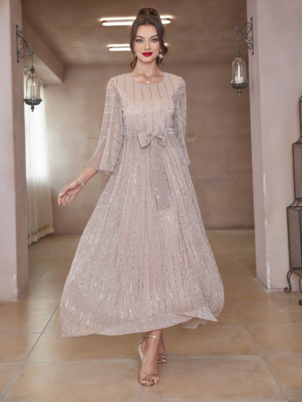 Shein Modely Flounce Sleeve Belted Sequins Dress Shein Euqs