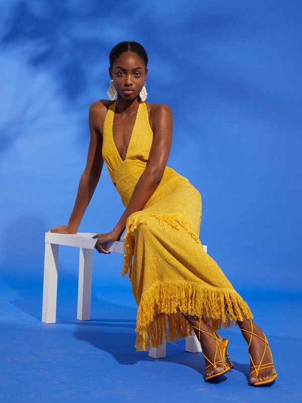 SHEIN Cut Out Waist Tie Backless Fringe Detail Halter Dress | SHEIN USA