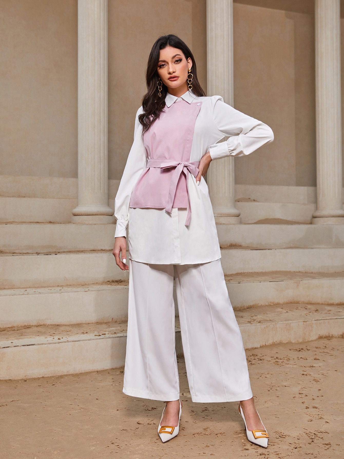 SHEIN Mulvari Colour-block Belted 2 In 1 Shirt | SHEIN UK