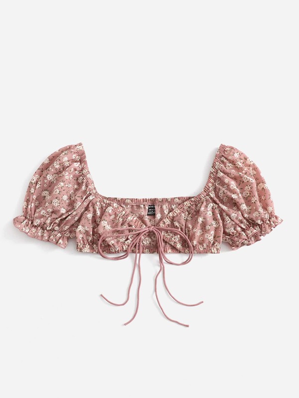 SHEIN WYWH Babado Nó na gola Florzinhas Boho Top | SHEIN Brasil