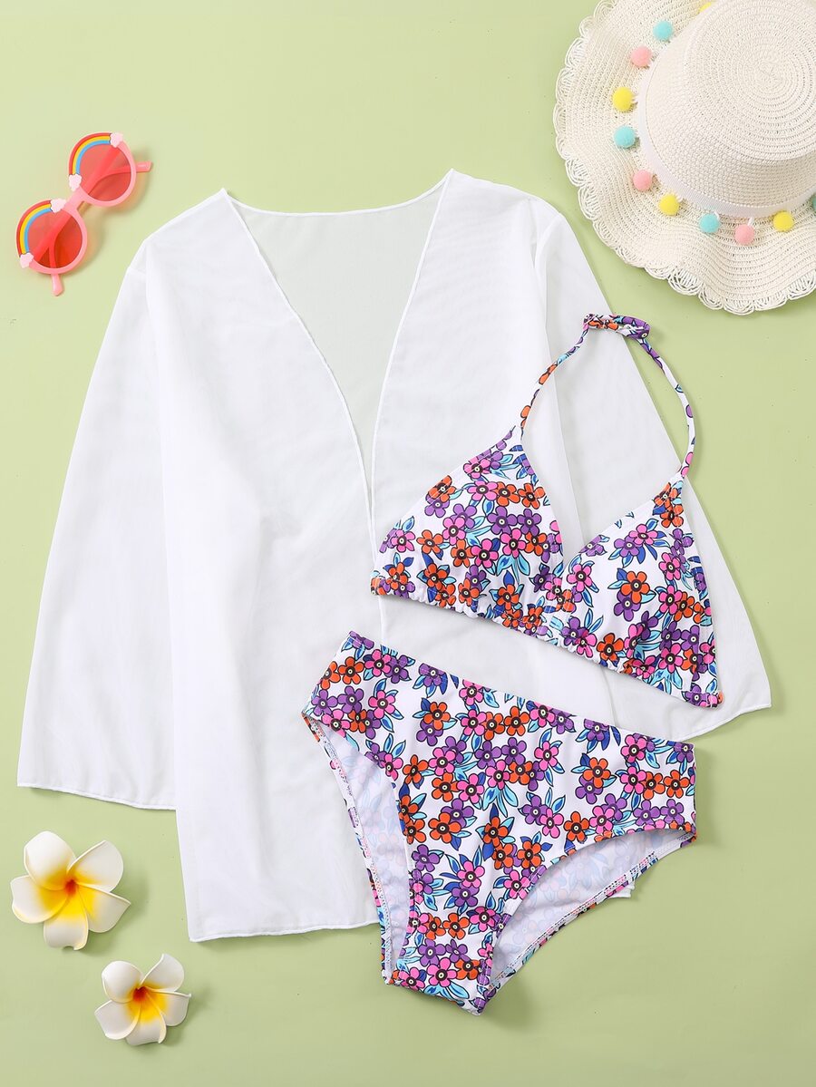 Teen Girls Floral Print Bikini Swimsuit And Kimono Shein Usa