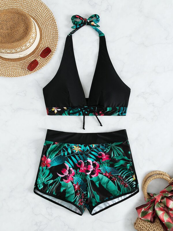 Tropical Print Bikini Set Halter Bra And Boxer Shorts 2 Piece Swimsuit