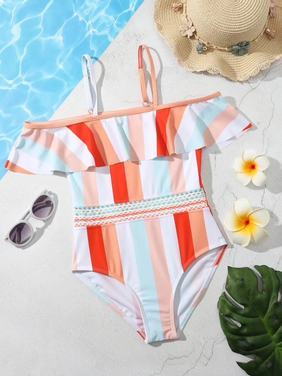 Tween Girl Colorful Stripe Off The Shoulder One Piece Swimsuit | SHEIN USA