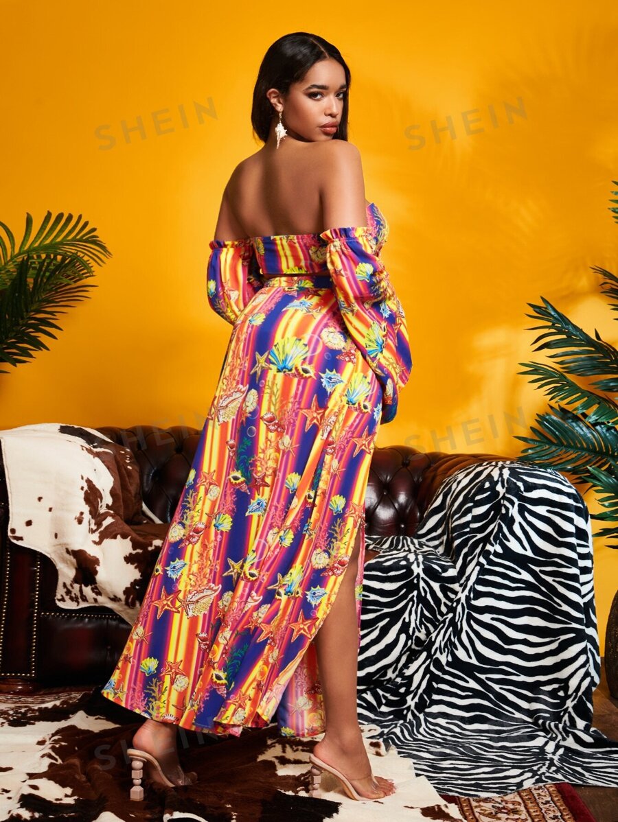 Shein Sxy Marine Life And Striped Print Off Shoulder Bell Sleeve Tie