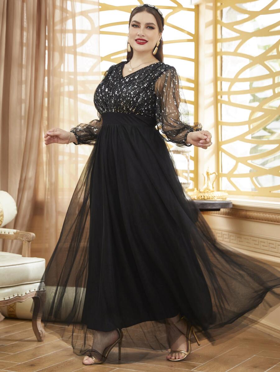 Modelyn Plus Size Mesh Overlay Puff Sleeve Dress | SHEIN USA