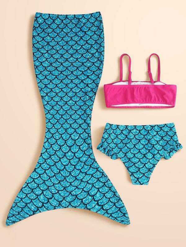 Girls Fish Scales Frill Trim Mermaid Tail Set | SHEIN UK