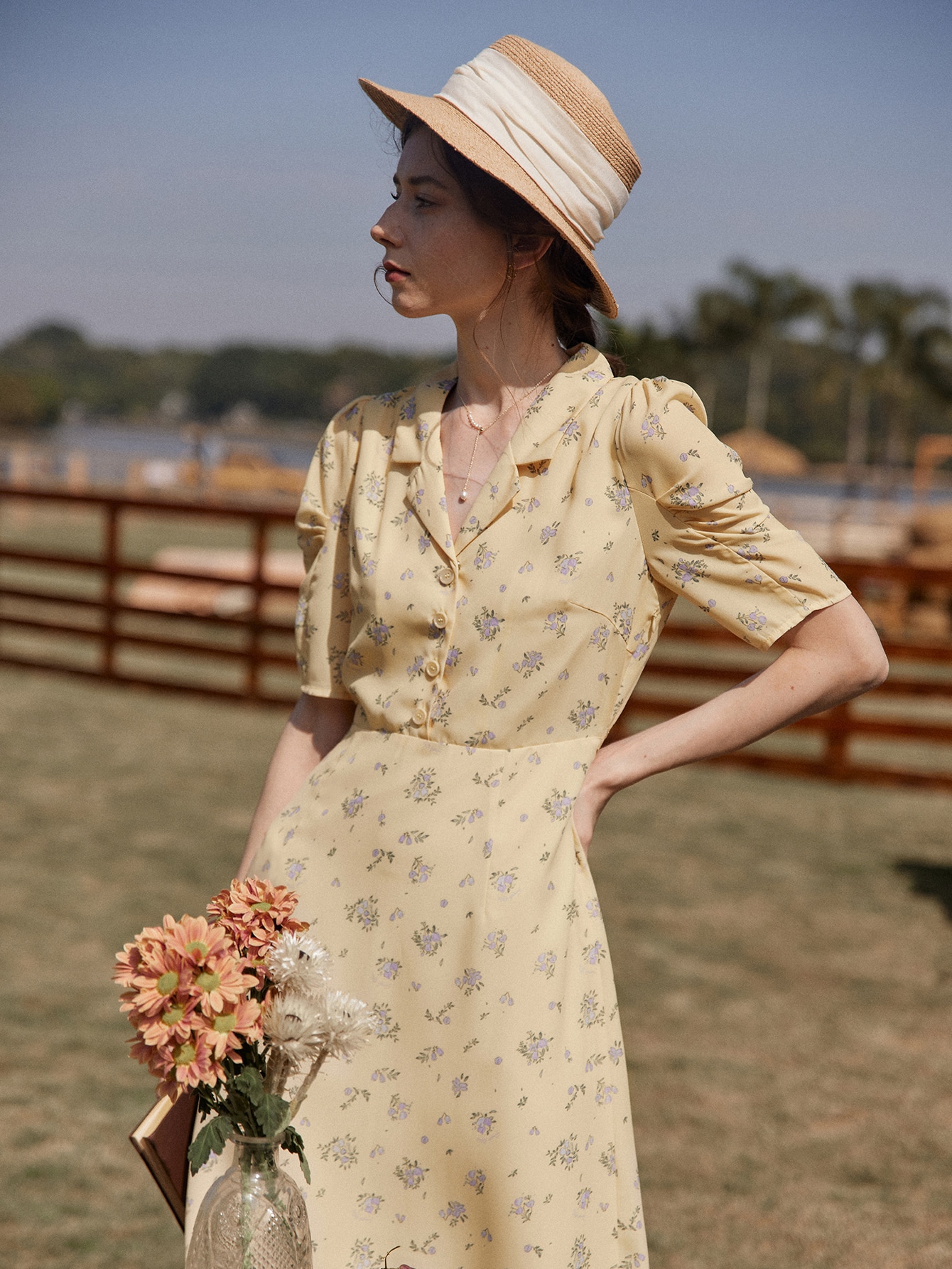 Simple Retro Floral Print Puff Sleeve Tie Back Dress | SHEIN USA