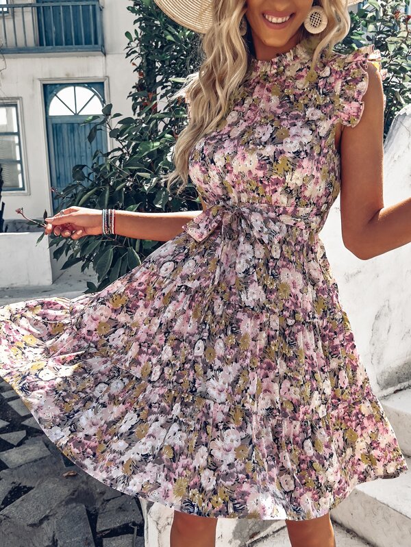 SHEIN VCAY Floral Print Ruffle Hem Belted Dress | SHEIN USA