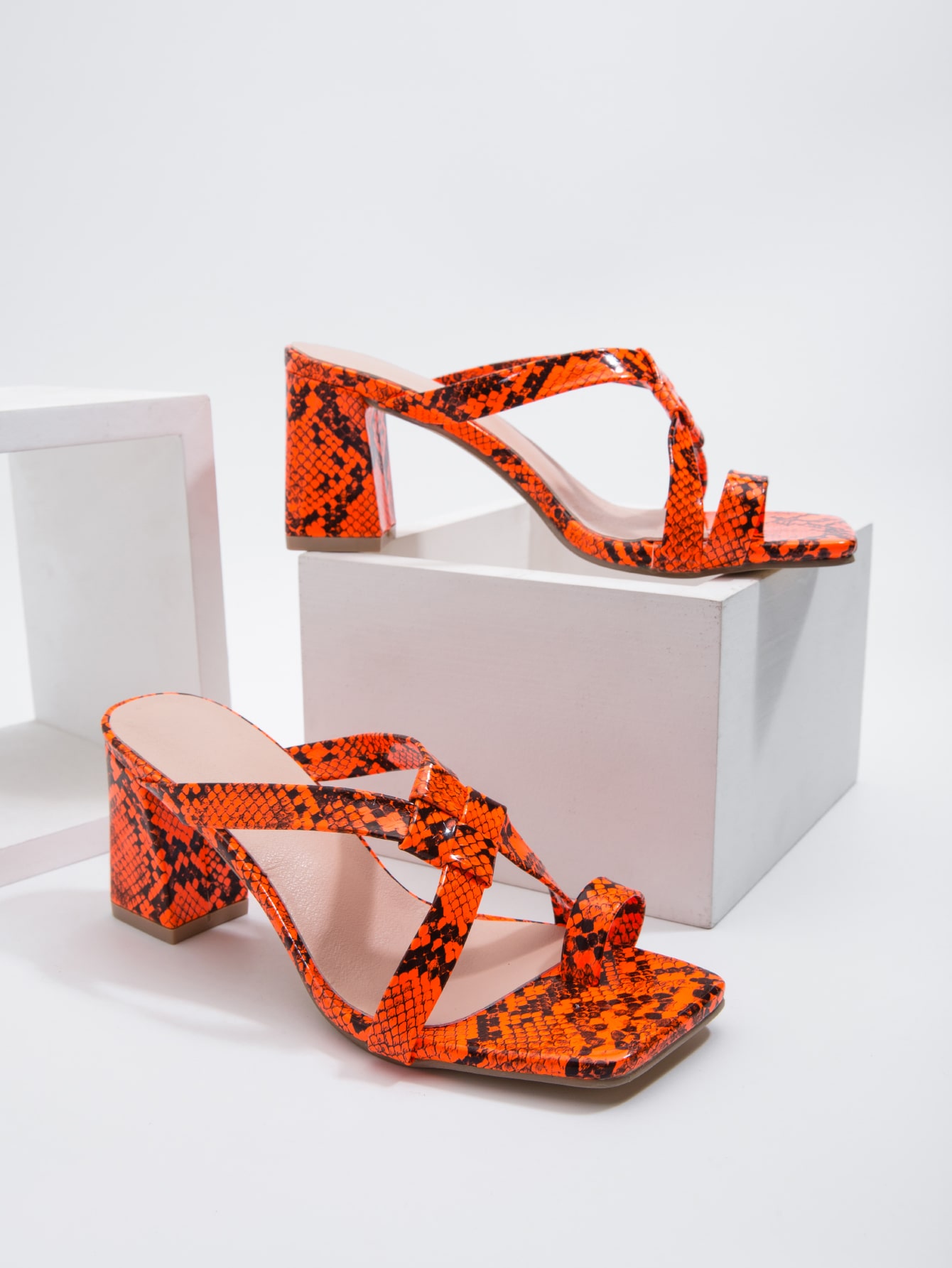 Snakeskin Embossed Chunky Heeled Toe Ring Sandals