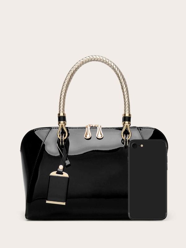 Artificial Patent Leather Elegant Zipper Top Handbag, Women's Stylish ...