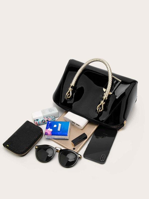 Artificial Patent Leather Elegant Zipper Top Handbag, Women's Stylish ...