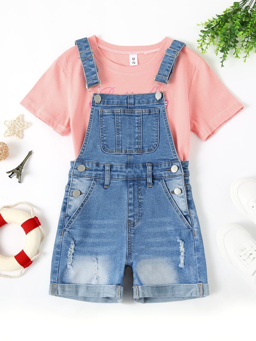 Tween Girl Patched Pocket Ripped Denim Overall Without Tee | SHEIN USA