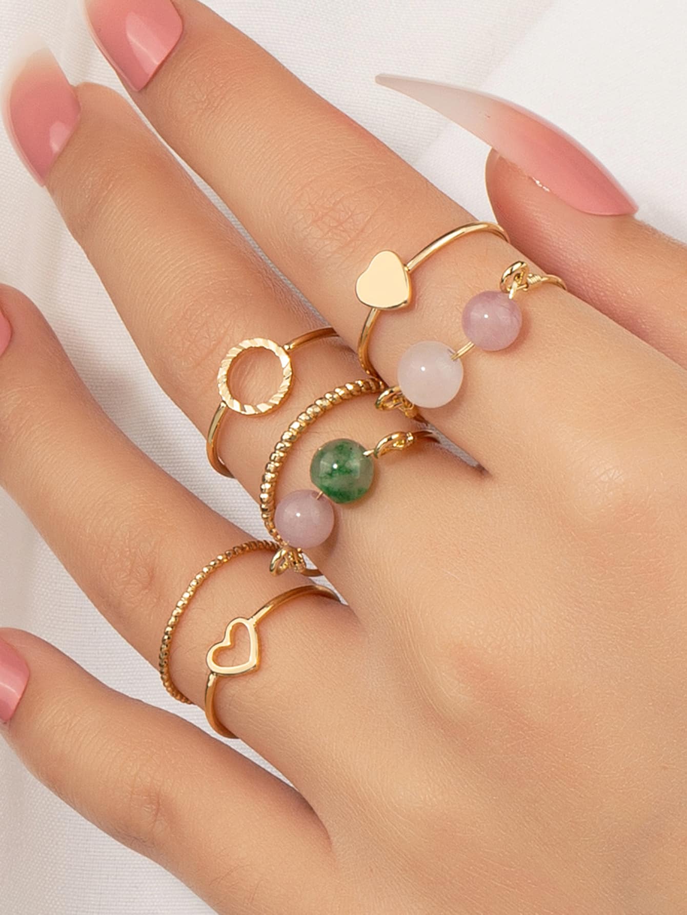 7pcs Bead & Heart Decor Ring | SHEIN USA