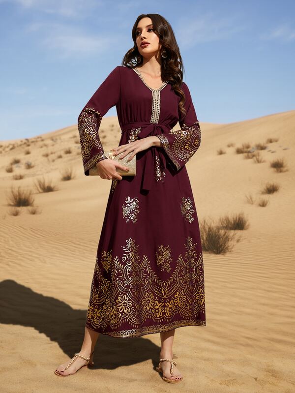 Shein Najma 1pc Gold Floral Print Contrast Tape Belted Kaftan Shein Usa