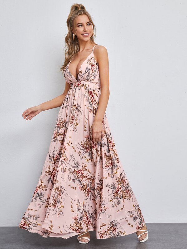 SHEIN VCAY Criss Cross Backless Floral Maxi Dress | SHEIN USA
