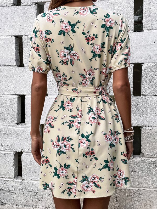 Allover Floral Print Overlap Collar Belted Dress Shein Usa