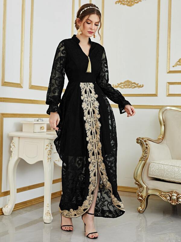 Shein Najma Tassel Detail Flounce Sleeve Asymmetrical Hem Lace Dress