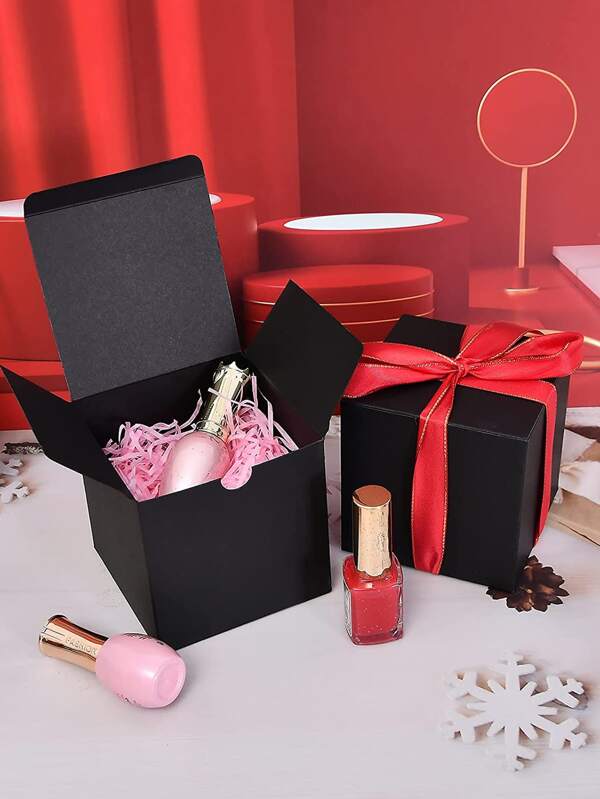 5pcs Plain Gift Box With Ribbon, Black Simple Square Gift Packaging Box ...