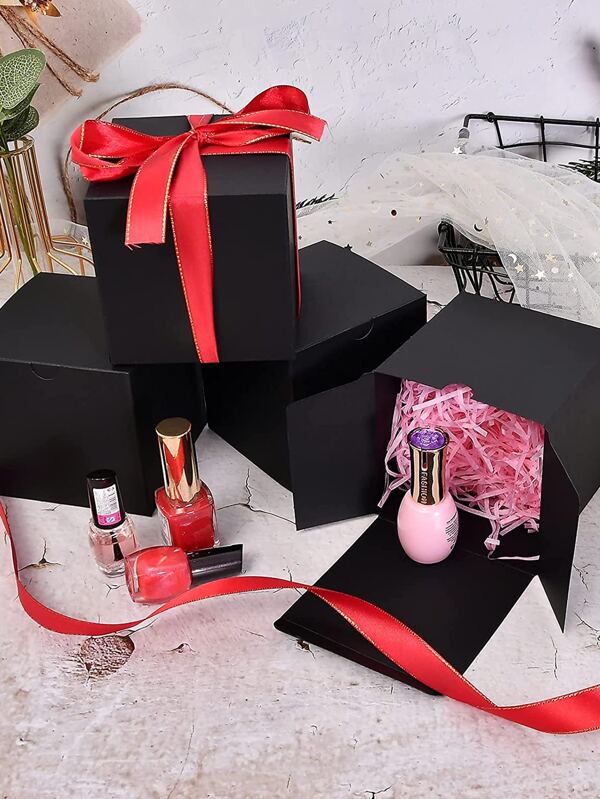5pcs Plain Gift Box With Ribbon, Black Simple Square Gift Packaging Box ...