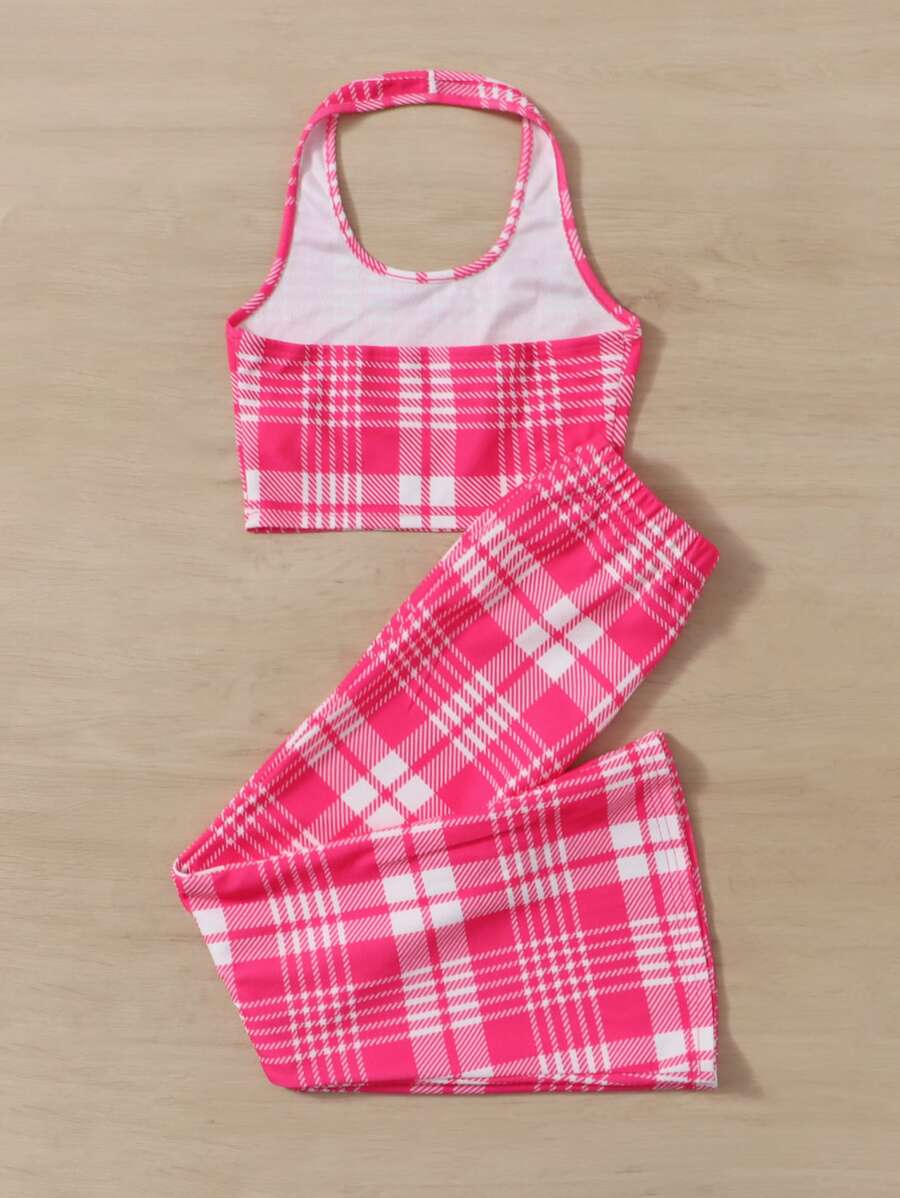 SHEIN 2pcs/Set Plaid Halter Top And Flared Pants For Tween Girls ...