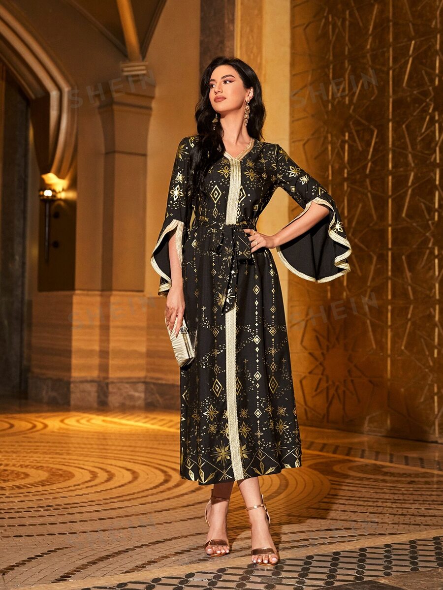 SHEIN Najma Gold Argyle Print Contrast Tape Split Cuff Belted Kaftan ...