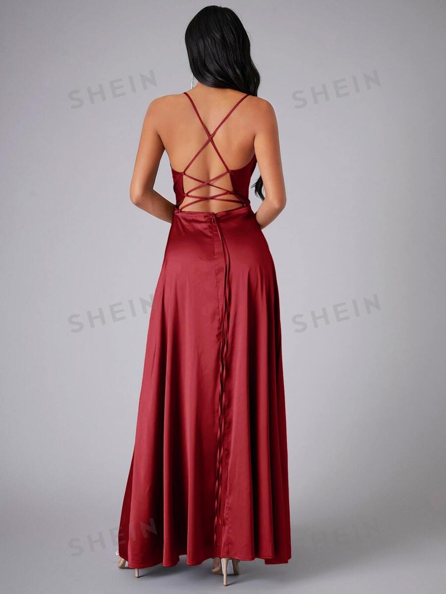 SHEIN Belle Front Collar Criss-Cross Backless Wrap Body With Lower Straps And Leg-Revealing ...