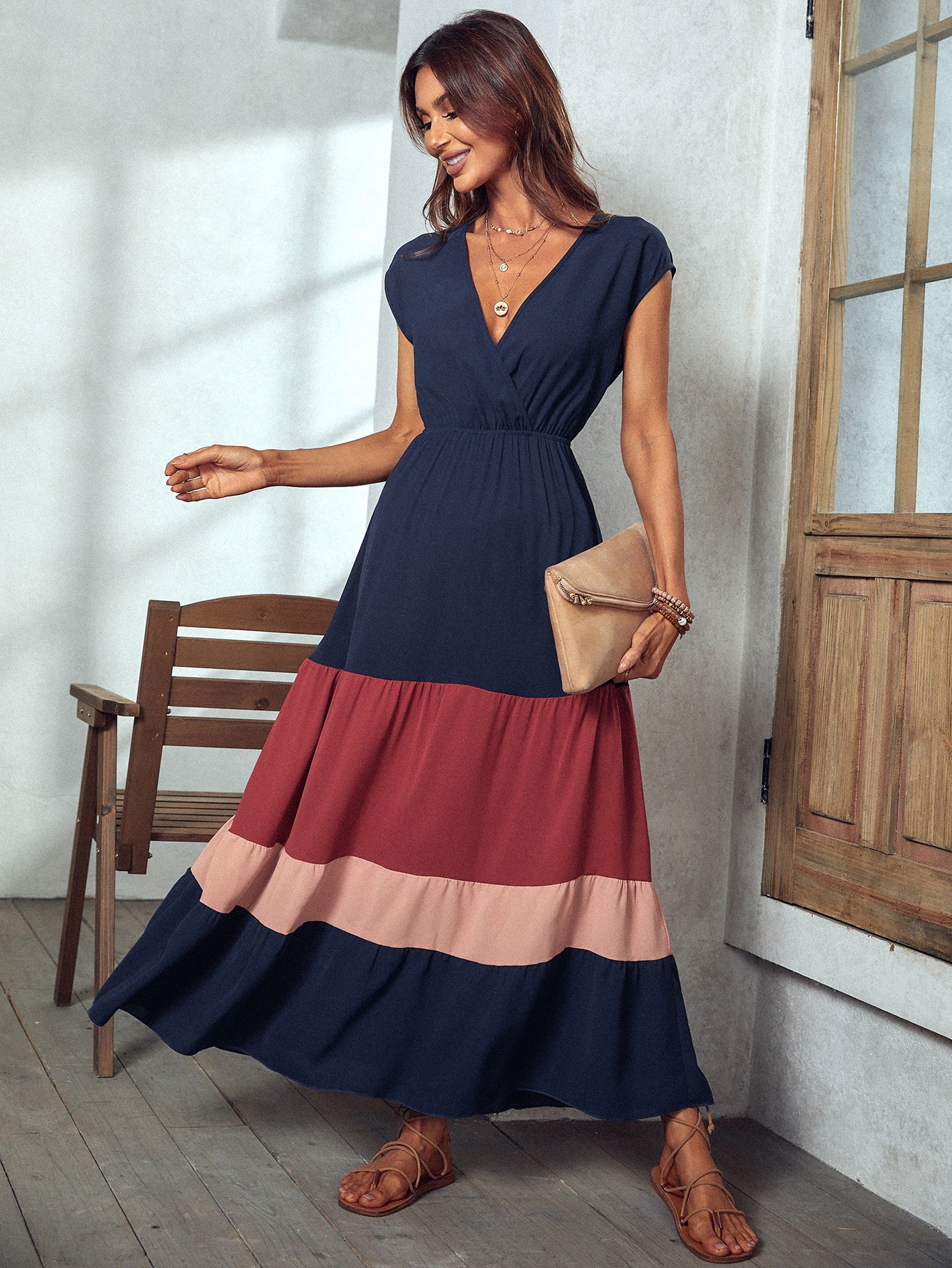 SHEIN LUNE Colorblock Surplice Neck Dress | SHEIN USA