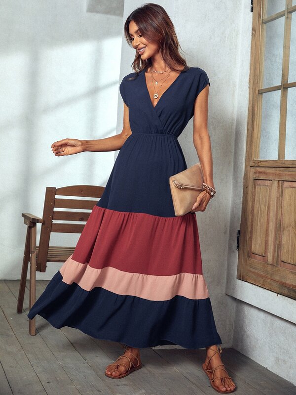 SHEIN LUNE Colorblock Surplice Neck Dress | SHEIN USA