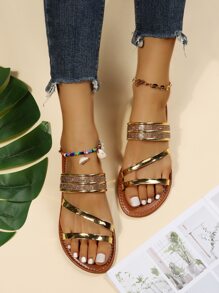 Women Rhinestone Decor Slide Sandals, Glamorous Metallic Flat Sandals ...