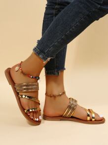 Women Rhinestone Decor Slide Sandals, Glamorous Metallic Flat Sandals ...