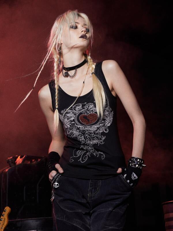Grunge Punk Heart Rhinestone Tank Top | SHEIN USA