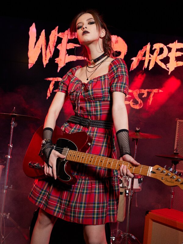 Grunge Punk Babado Nó Xadrez Formal Vestido | SHEIN Brasil