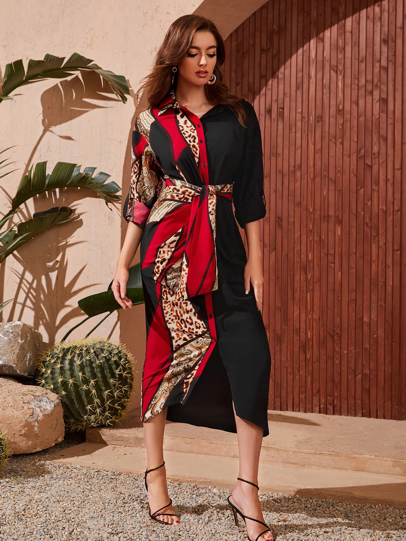 Shein Mulvari Patchwork Print Roll Tab Sleeve Belted Shirt Dress