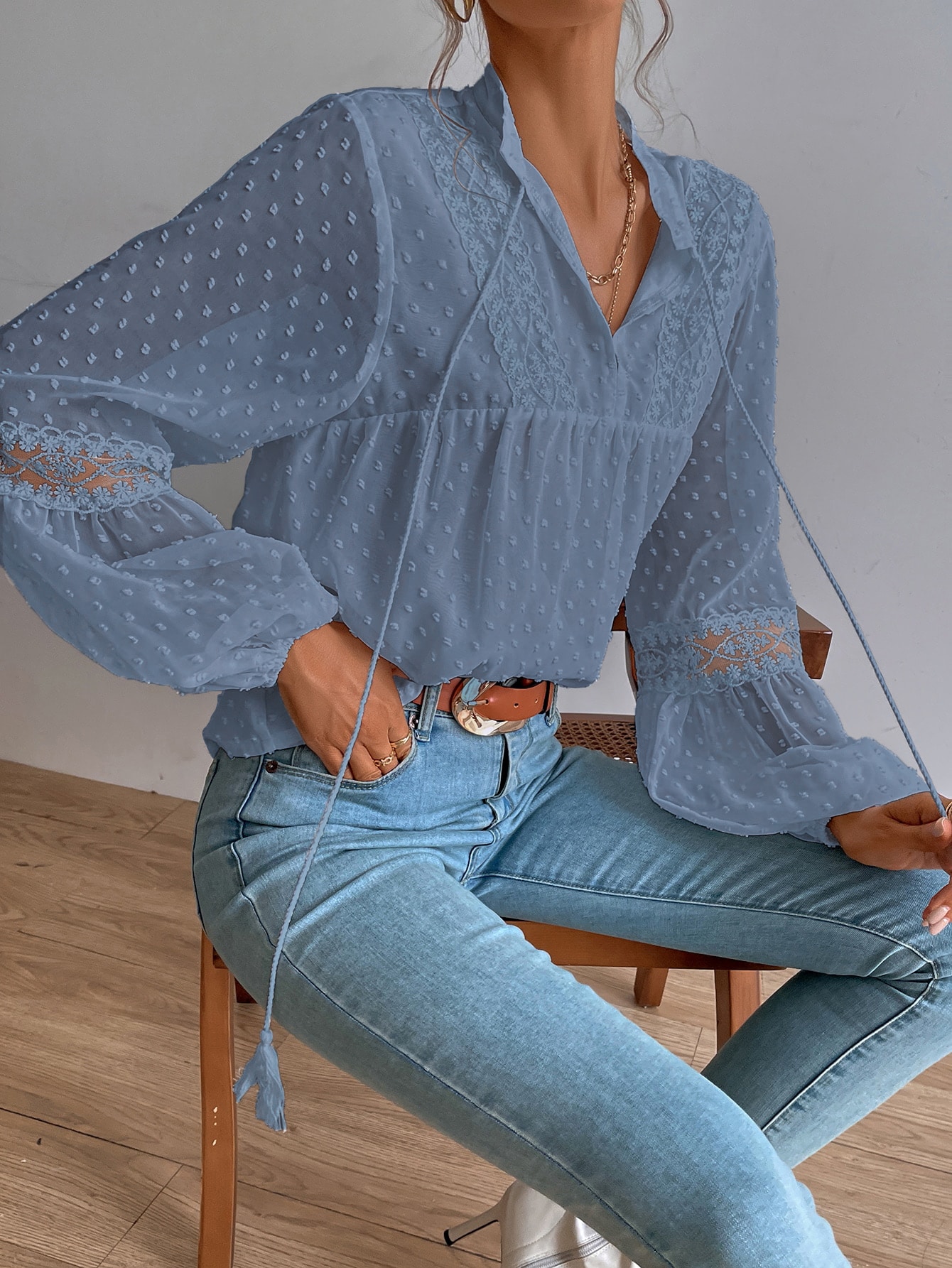 Shein Frenchy Swiss Dot Embroidery Mesh Insert Lantern Sleeve Tassel