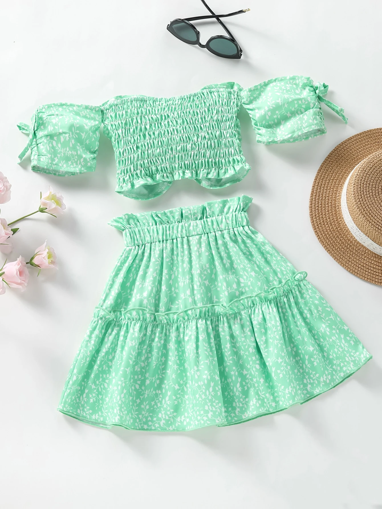 Shein Young Girl Plant Print Off Shoulder Top And Paperbag Waist Frill