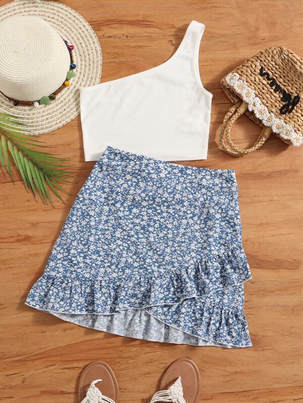 SHEIN Chicas adolescentes Top de un hombro & falda floral bajo con ...