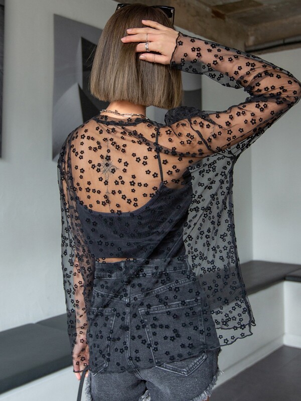 DAZY Ditsy Floral Sheer Mesh Top Without Tube Top | SHEIN USA