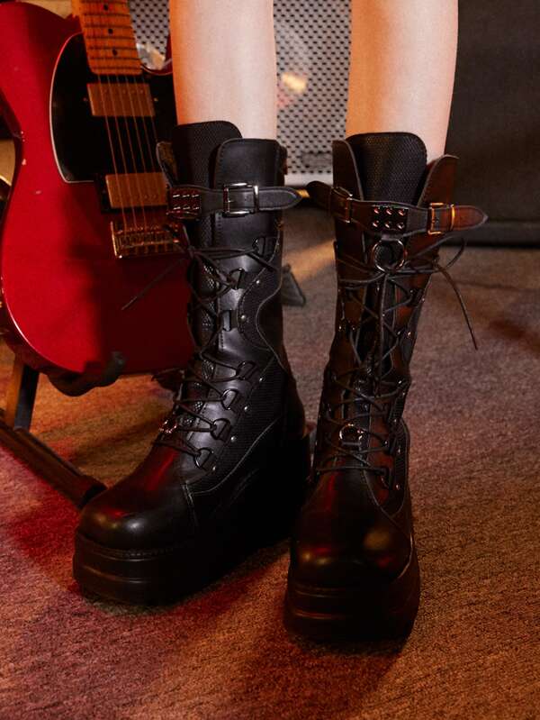 Grunge Punk Women's Black Punk Buckled Solid Color Boots With Buckled ...