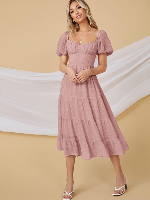 SHEIN Clip Dot Puff Sleeve Tiered Ruffled Midi Dress | SHEIN
